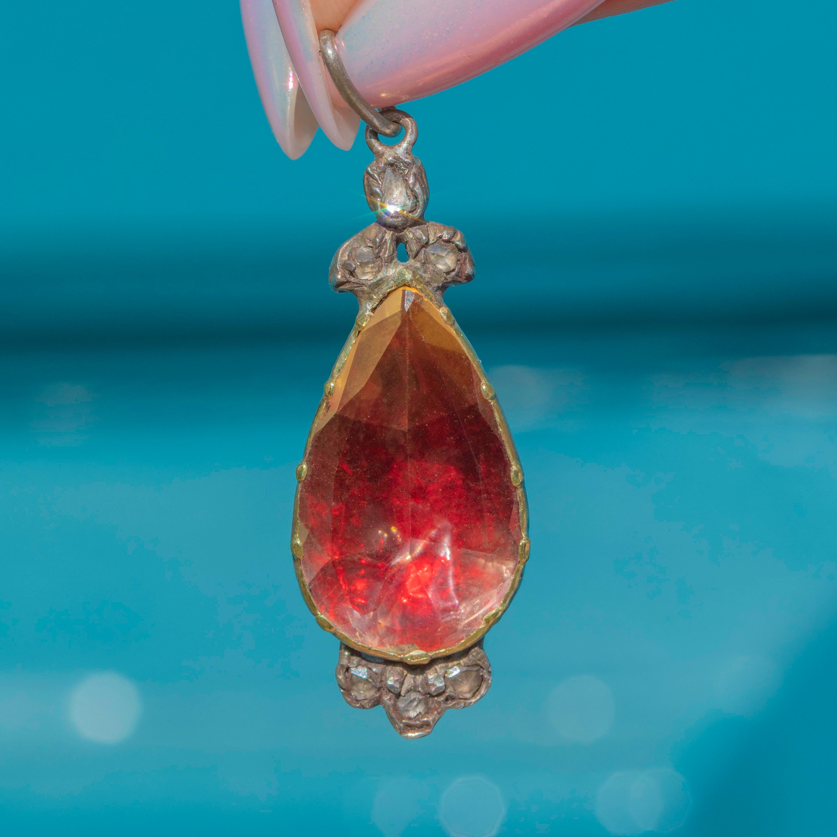 Georgian Oil & Vinegar Foiled Citrine Diamond Pear Pendant