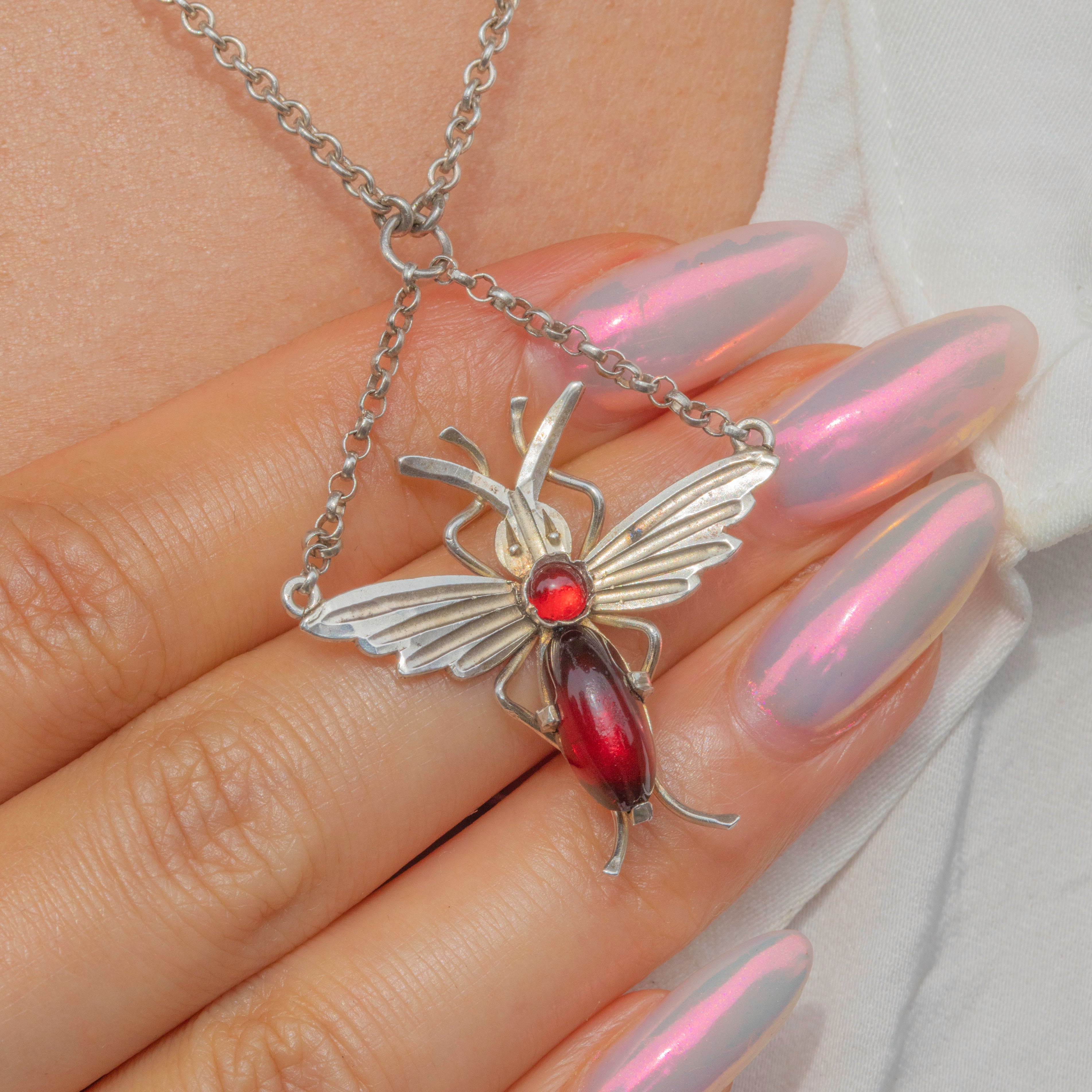 Sterling Silver Red Paste Insect Necklace
