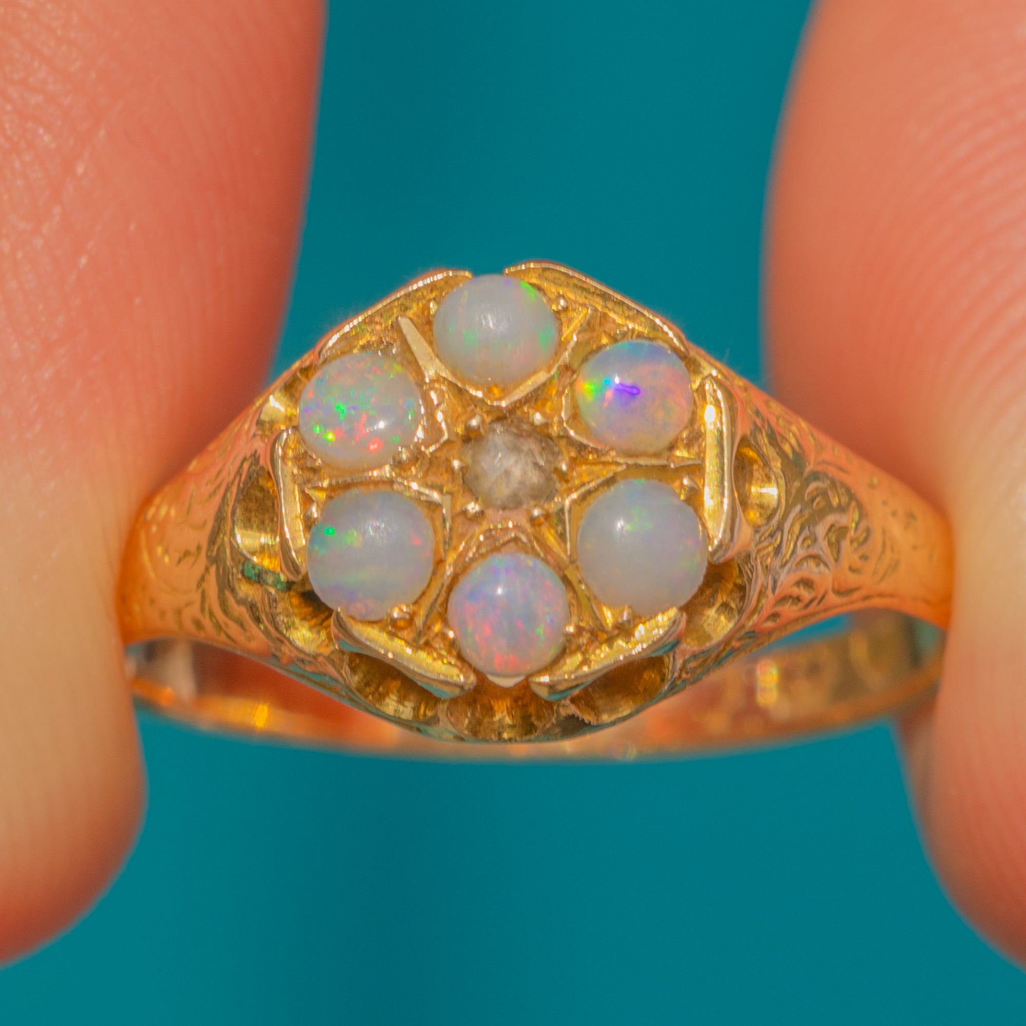 Antique Engraved 18ct Gold Opal Diamond 'Star' Cluster Ring