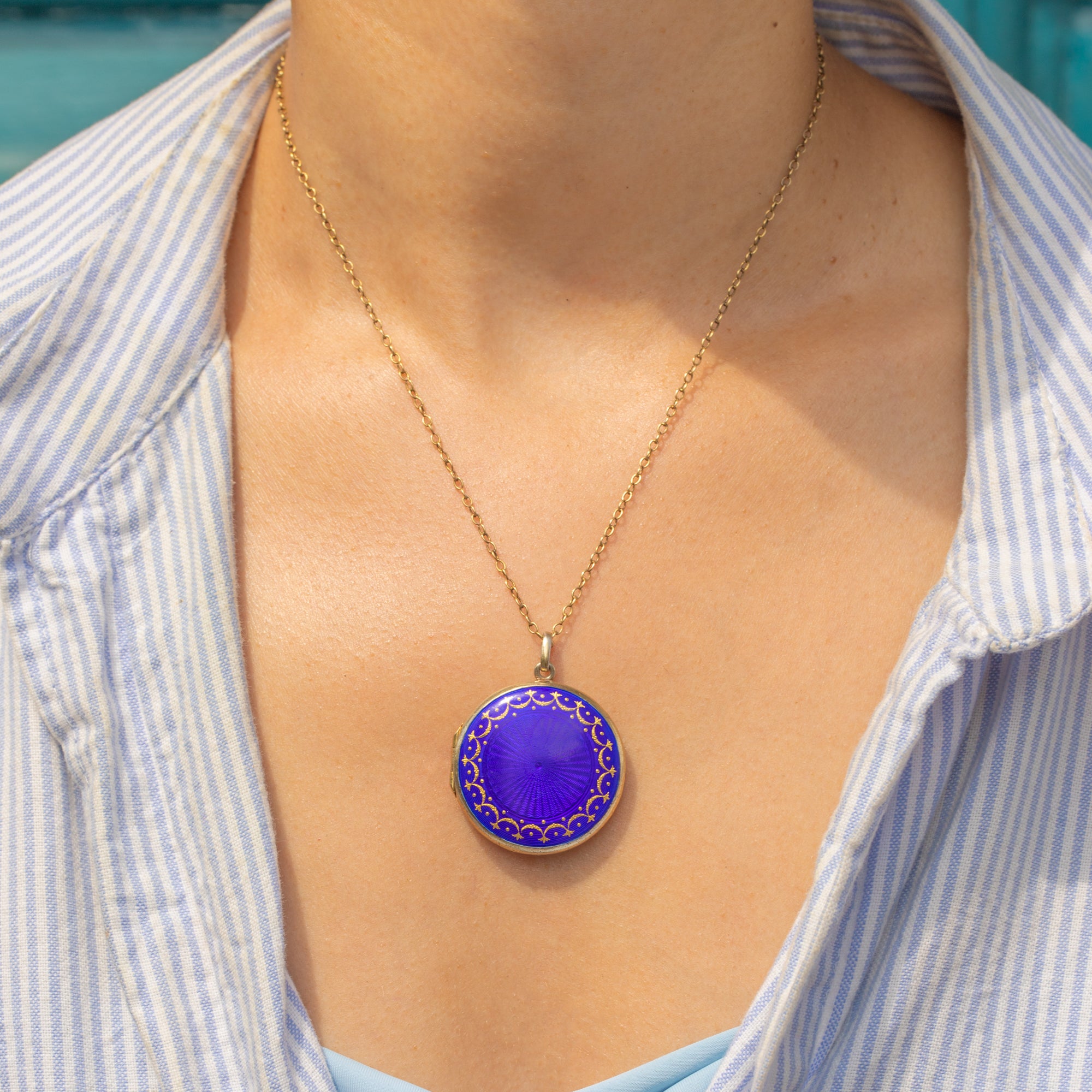 Edwardian Royal Blue Guilloche Enamel Locket with Gold Trim