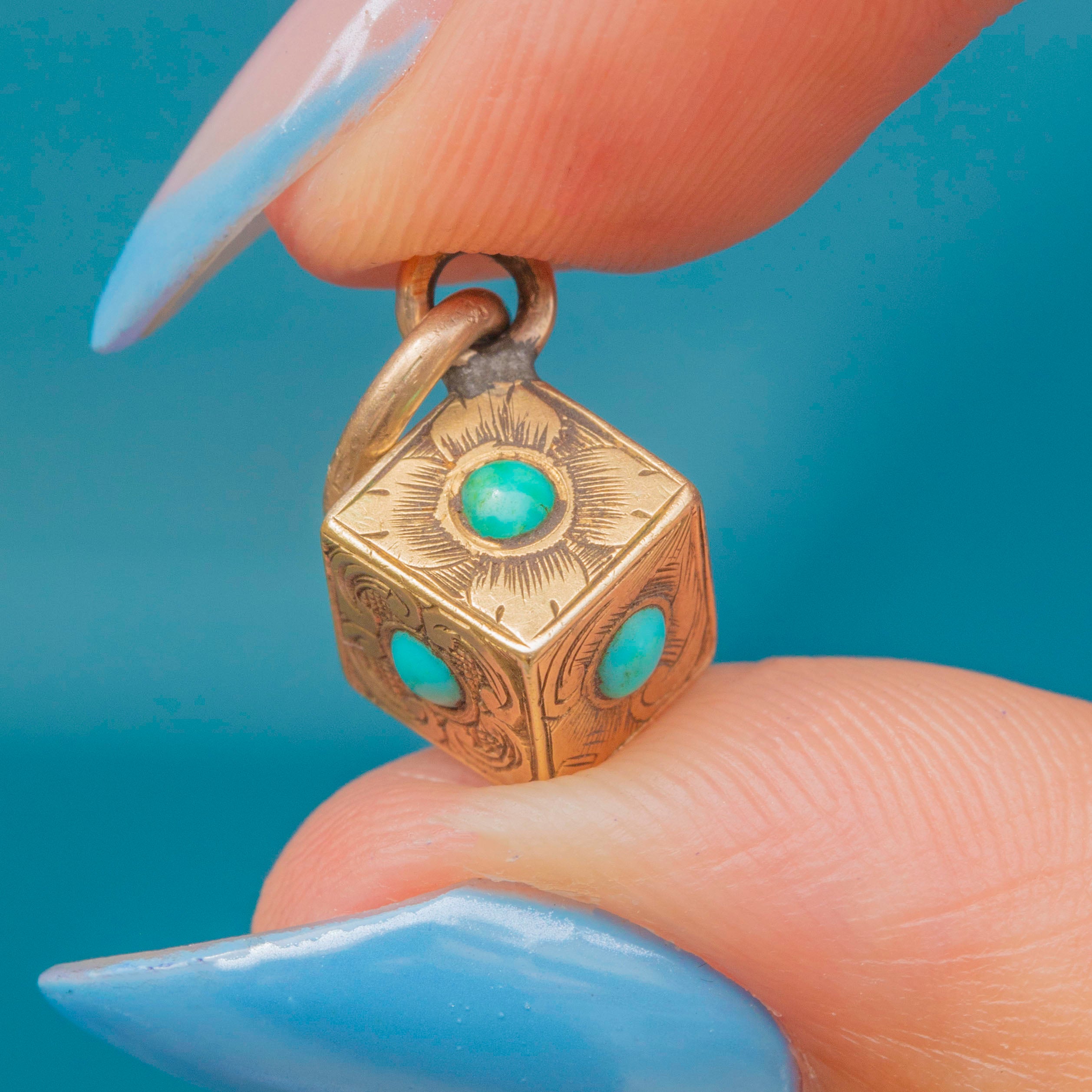 Victorian 9ct Gold Engraved Turquoise Cube Charm