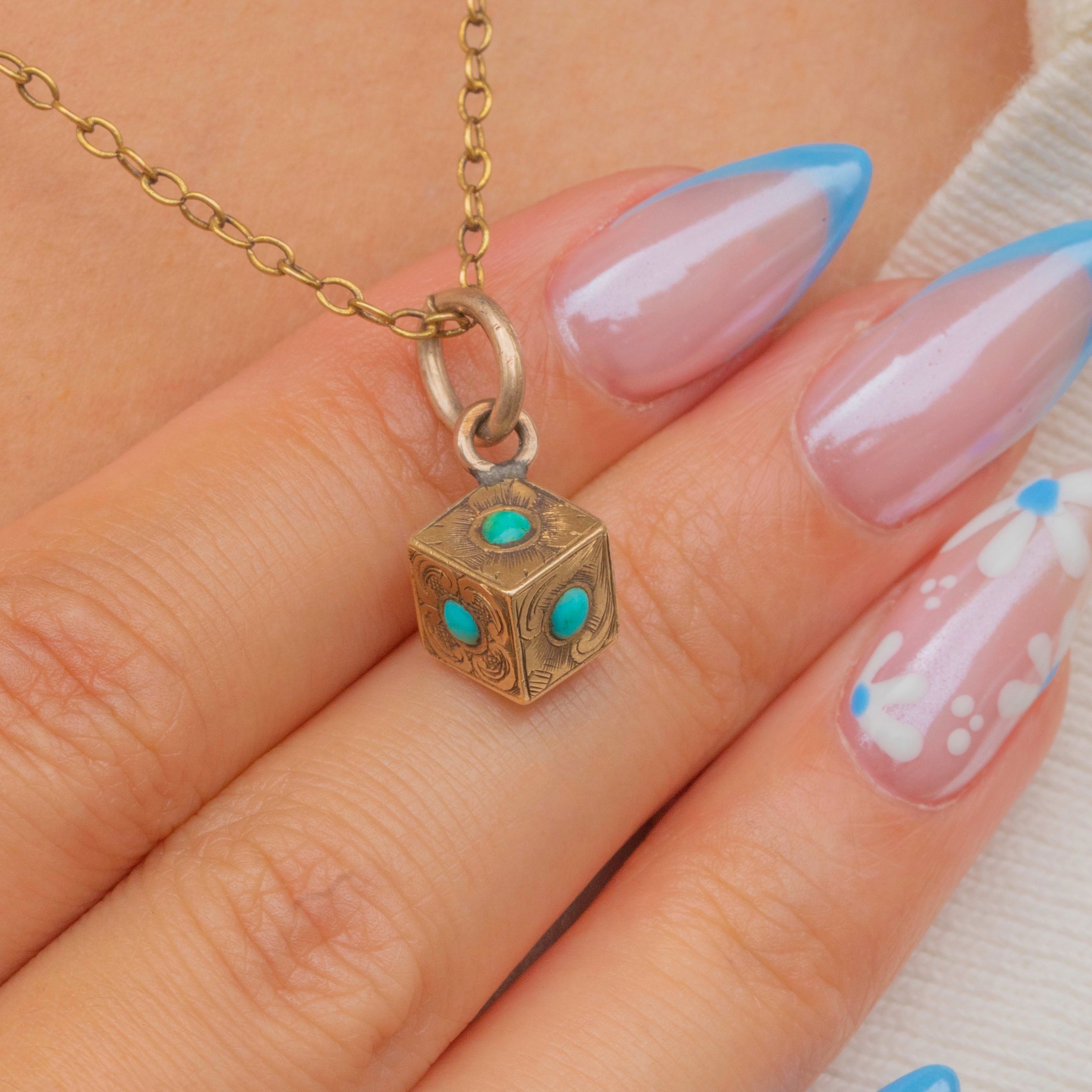 Victorian 9ct Gold Engraved Turquoise Cube Charm