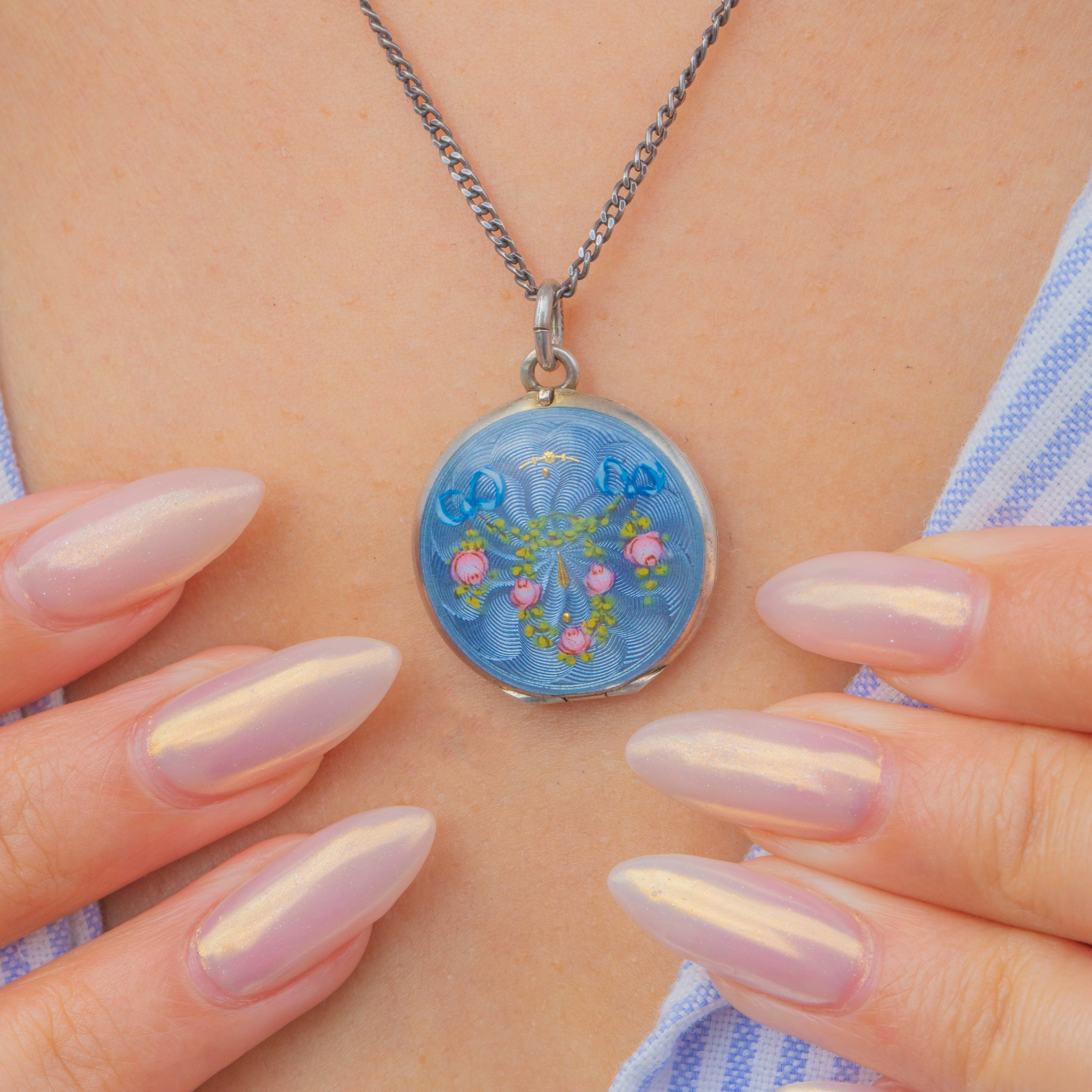 Dainty Antique Edwardian Purple Guilloche Enamel Locket