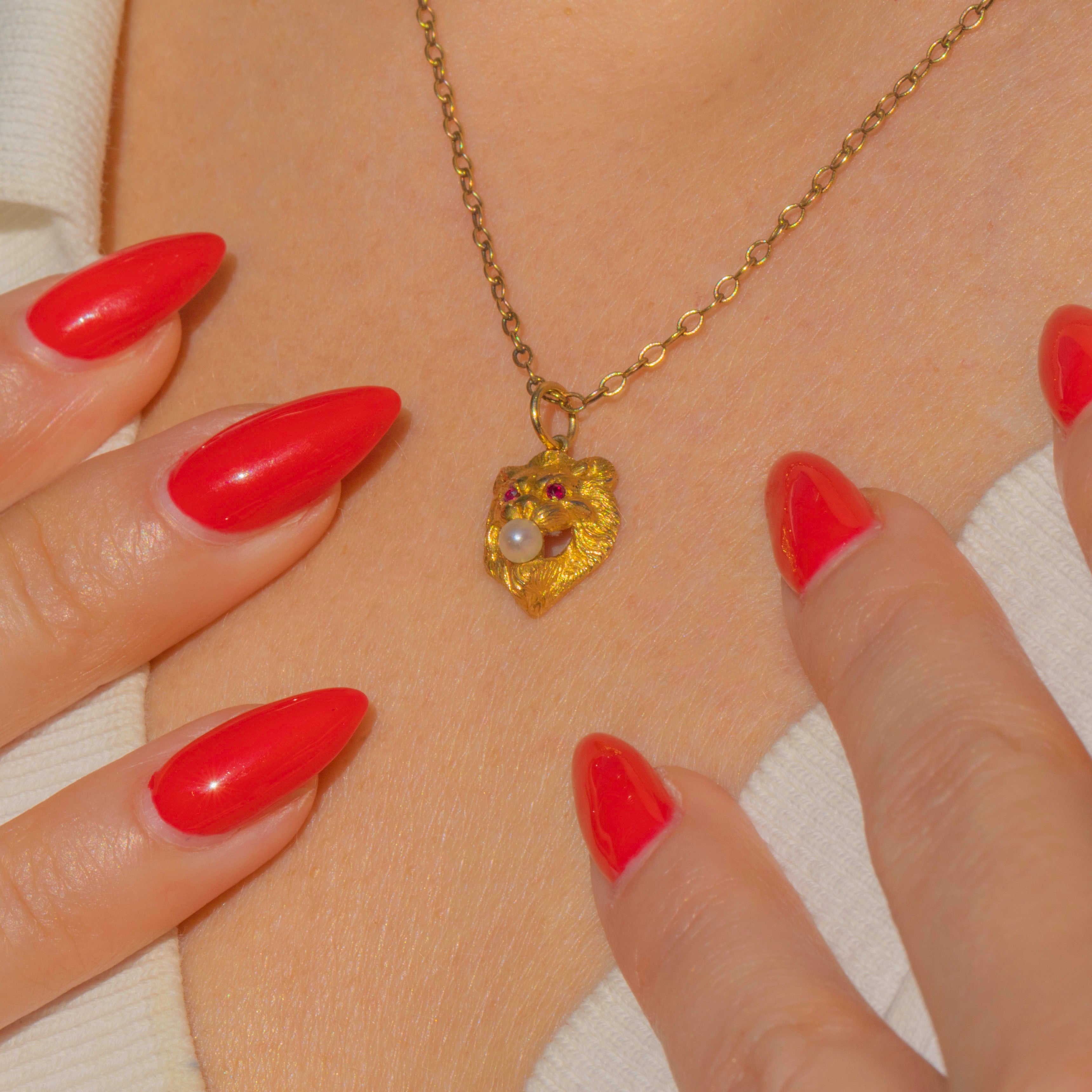 RARE Art Nouveau 18ct Gold & Pearl Lion Charm - Ruby Eyes