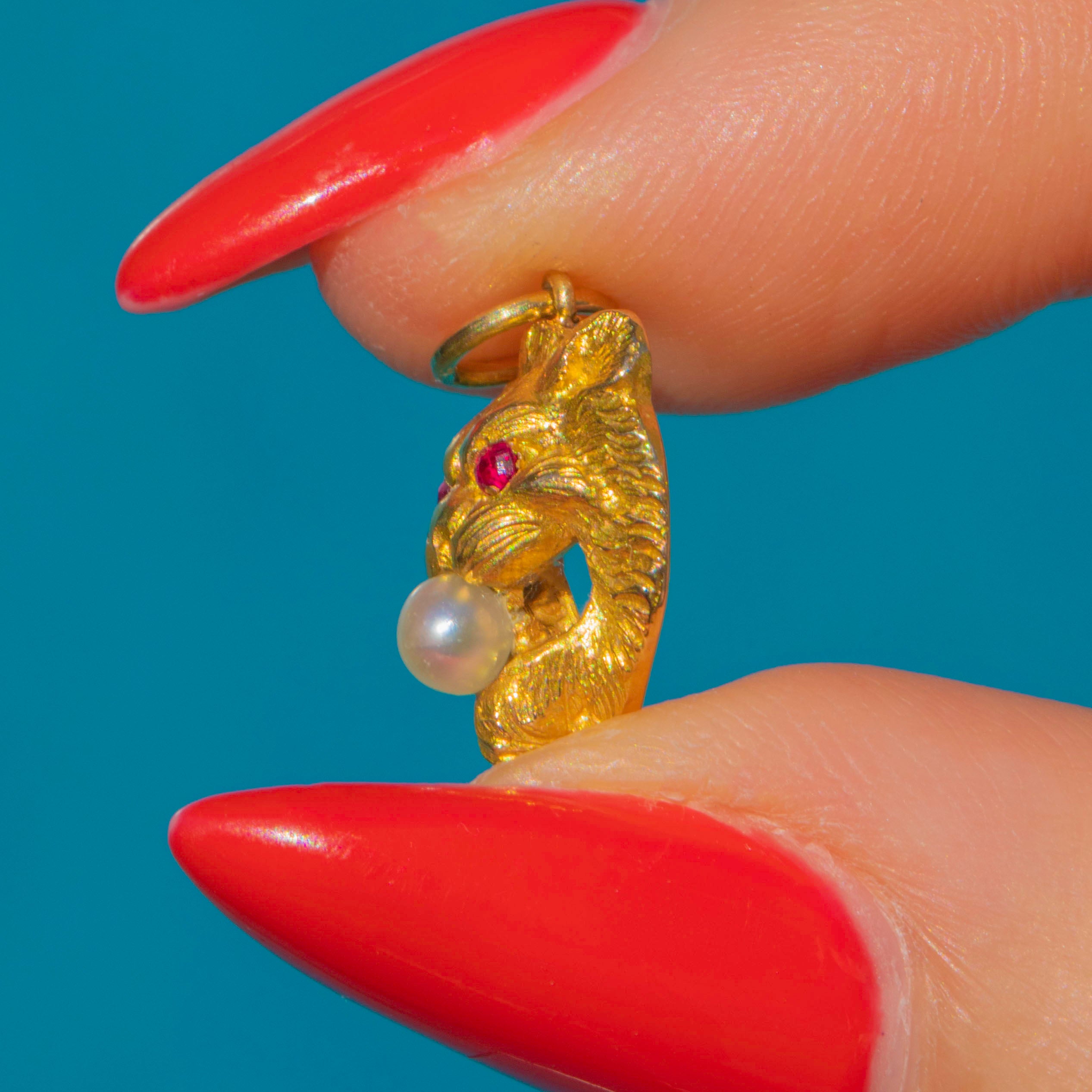 RARE Art Nouveau 18ct Gold & Pearl Lion Charm - Ruby Eyes