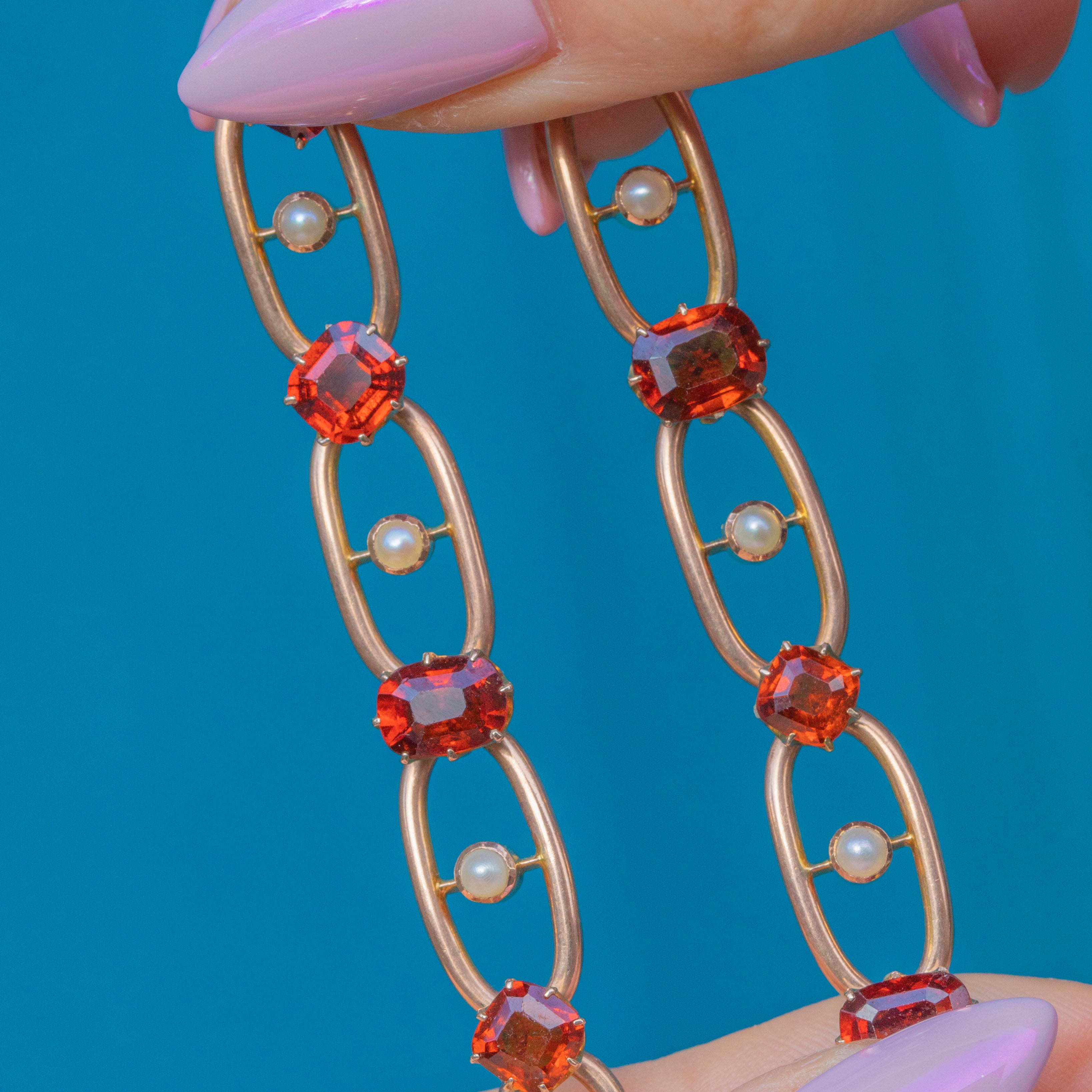 Edwardian 9ct Gold Spessartine Garnet Pearl Bracelet