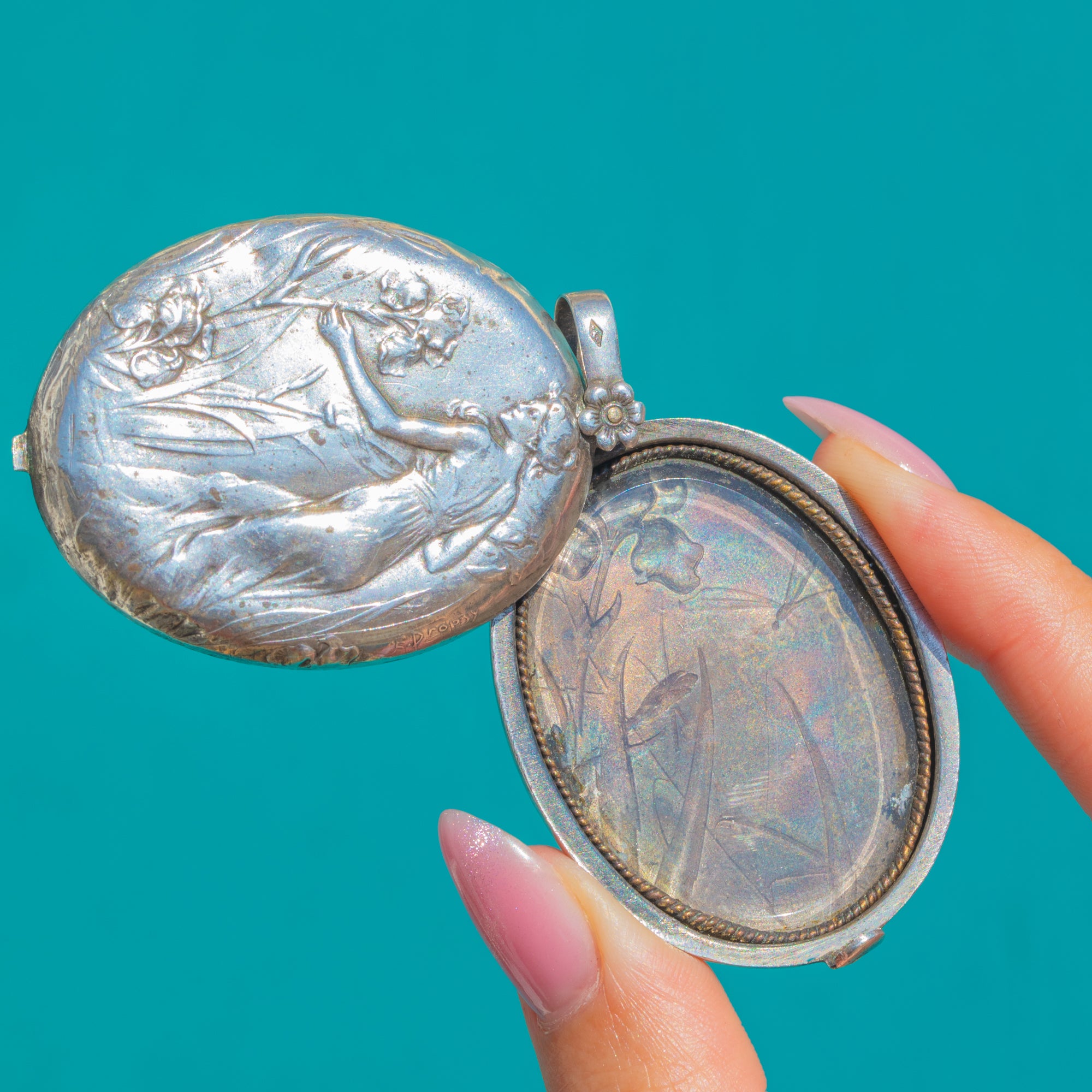 Rare French Silver Dragonfly & Iris Flowers Sliding Mirror / Locket SI