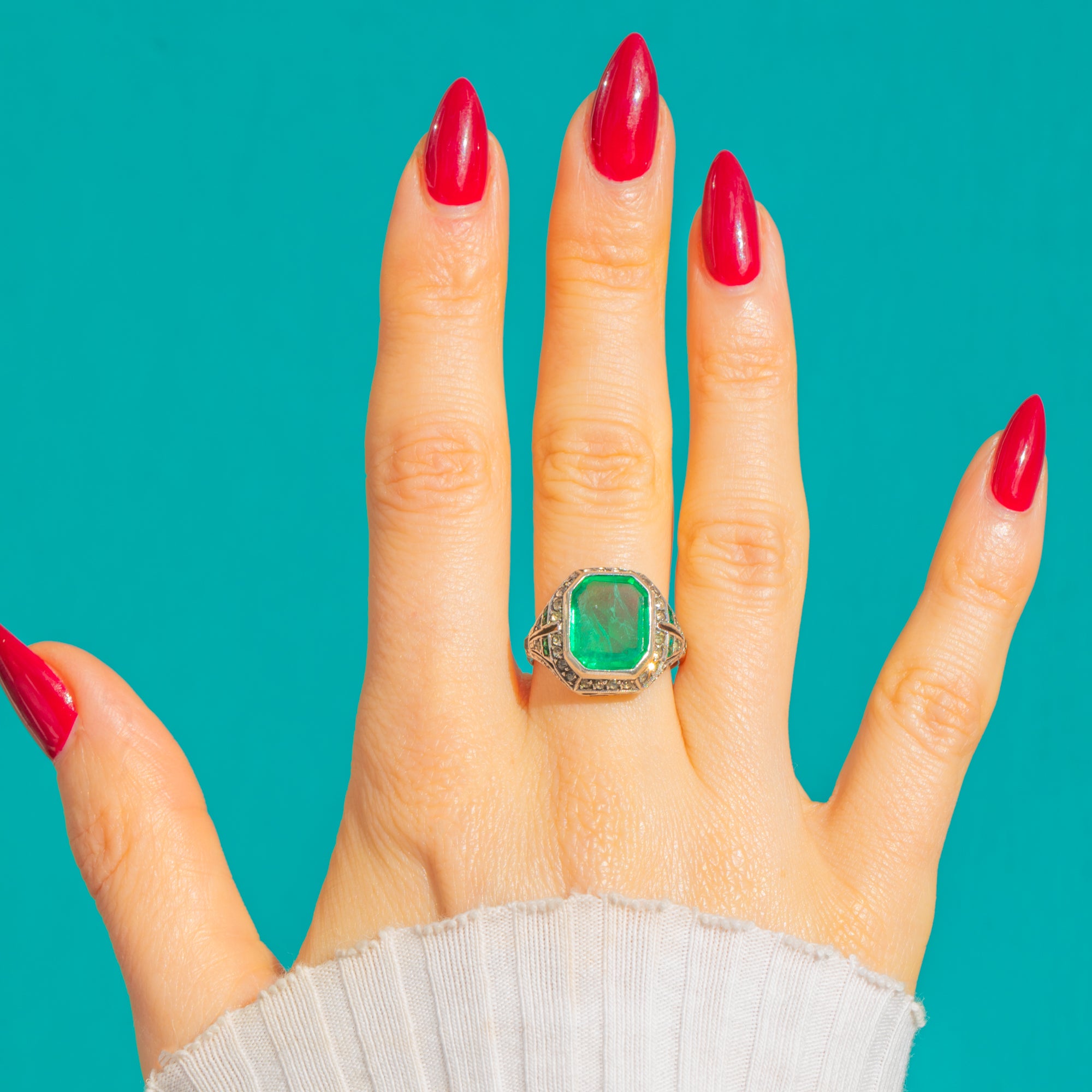 Striking Art Deco Lazarus Green Paste Cocktail Ring, 9ct Gold & Silver