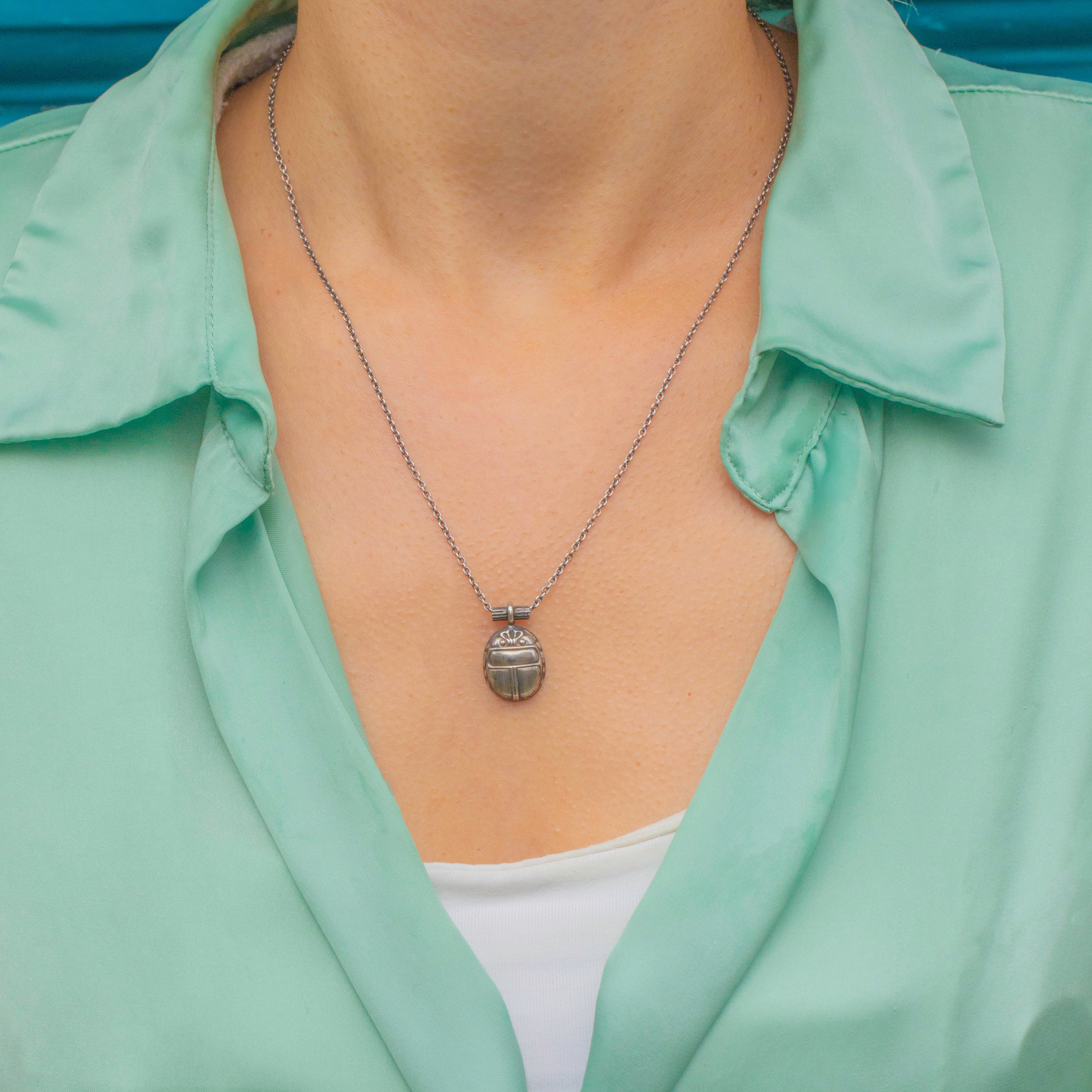 Victorian Silver Scarab Beetle Pendant with 17" Chain